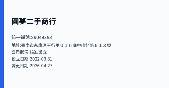 圓夢二手商行的照片-統編 89049293(臺南市) 公司登記資料與營業項目詳細圖表