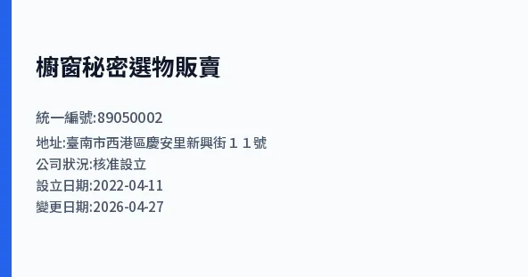 櫥窗秘密選物販賣的照片-統編 89050002(臺南市) 公司登記資料與營業項目詳細圖表