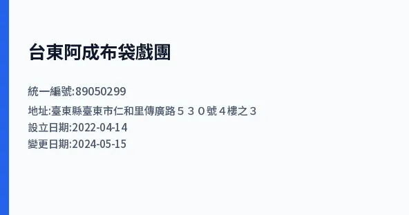 台東阿成布袋戲團的照片-統編 89050299(臺東縣) 公司登記資料與營業項目詳細圖表