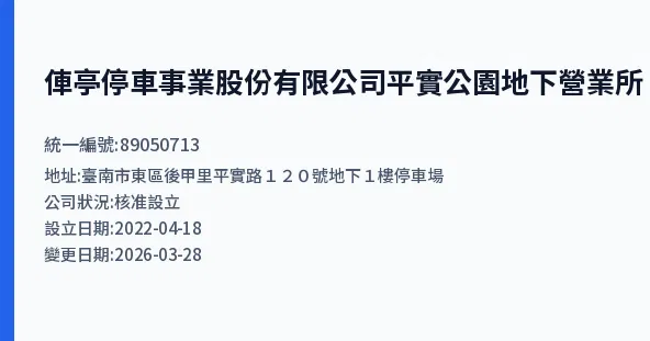 俥亭停車事業股份有限公司平實公園地下營業所的照片-統編 89050713(臺南市) 公司登記資料與營業項目詳細圖表