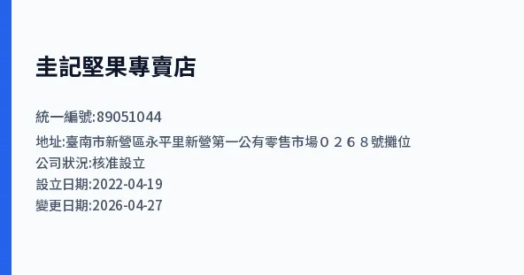 圭記堅果專賣店的照片-統編 89051044(臺南市) 公司登記資料與營業項目詳細圖表