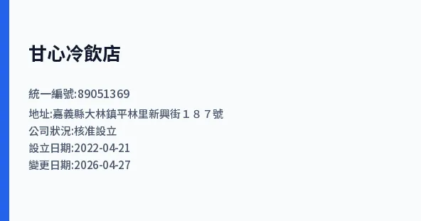 甘心冷飲店的照片-統編 89051369(嘉義縣) 公司登記資料與營業項目詳細圖表