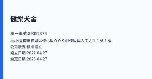 健樂犬舍的照片-統編 89052374(臺南市) 公司登記資料與營業項目詳細圖表