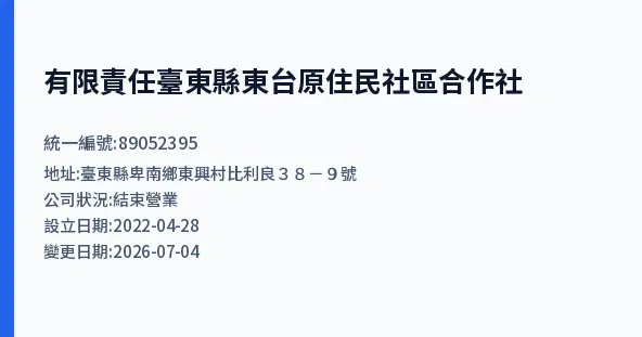有限責任臺東縣東台原住民社區合作社的照片-統編 89052395(臺東縣) 公司登記資料與營業項目詳細圖表