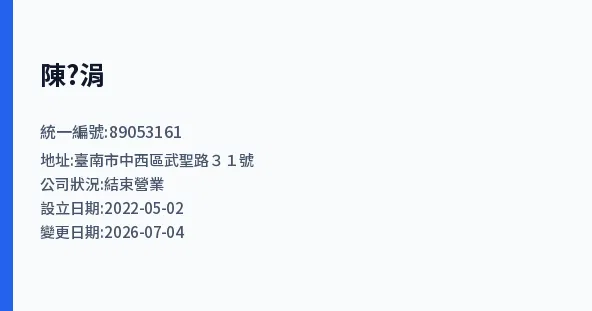 陳?涓的照片-統編 89053161(臺南市) 公司登記資料與營業項目詳細圖表