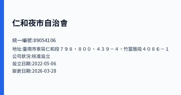 仁和夜市自治會的照片-統編 89054106(臺南市) 公司登記資料與營業項目詳細圖表