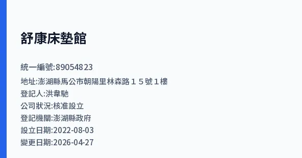 舒康床墊館的照片-統編 89054823(澎湖縣) 公司登記資料與營業項目詳細圖表