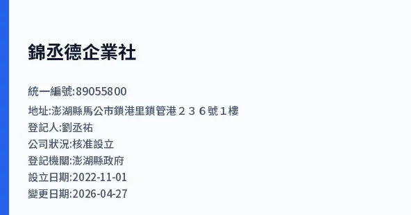 錦丞德企業社的照片-統編 89055800(澎湖縣) 公司登記資料與營業項目詳細圖表
