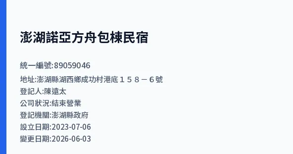 澎湖諾亞方舟包棟民宿的照片-統編 89059046(澎湖縣) 公司登記資料與營業項目詳細圖表