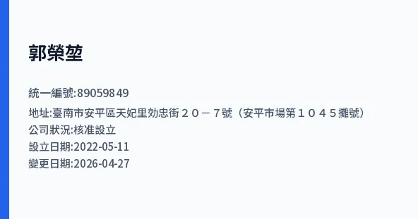 郭榮堃的照片-統編 89059849(臺南市) 公司登記資料與營業項目詳細圖表