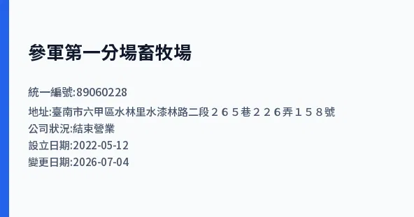 參軍第一分場畜牧場的照片-統編 89060228(臺南市) 公司登記資料與營業項目詳細圖表