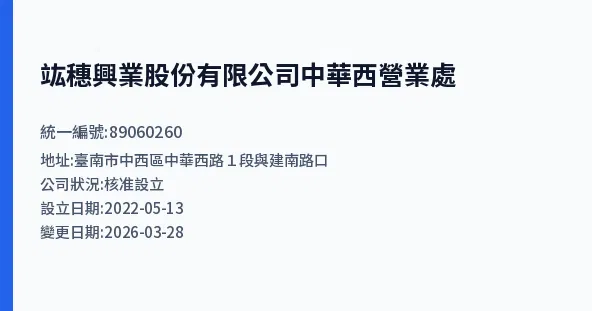 竑穗興業股份有限公司中華西營業處的照片-統編 89060260(臺南市) 公司登記資料與營業項目詳細圖表