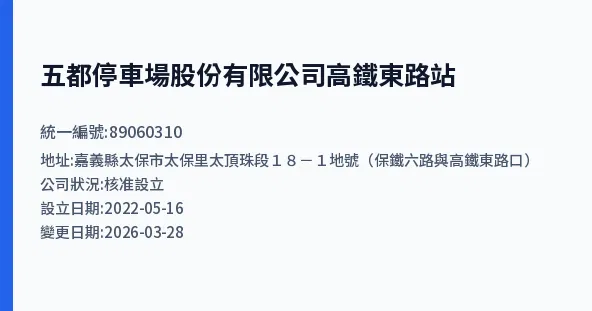 五都停車場股份有限公司高鐵東路站的照片-統編 89060310(嘉義縣) 公司登記資料與營業項目詳細圖表