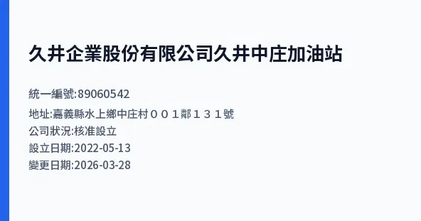 久井企業股份有限公司久井中庄加油站的照片-統編 89060542(嘉義縣) 公司登記資料與營業項目詳細圖表