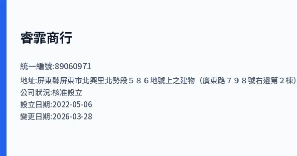 睿霏商行的照片-統編 89060971(屏東縣) 公司登記資料與營業項目詳細圖表