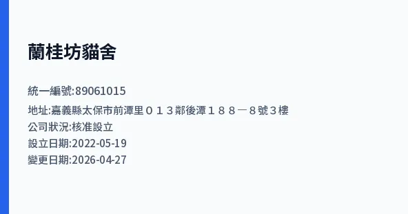 蘭桂坊貓舍的照片-統編 89061015(嘉義縣) 公司登記資料與營業項目詳細圖表