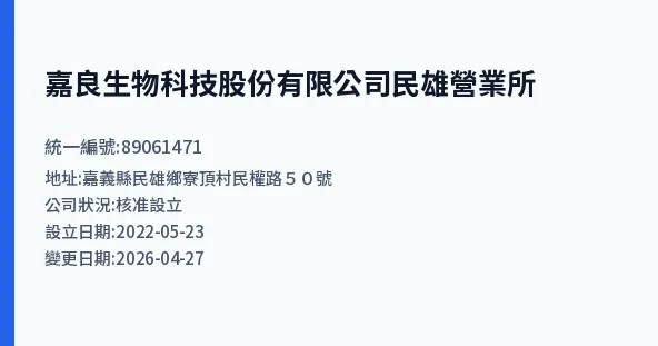 嘉良生物科技股份有限公司民雄營業所的照片-統編 89061471(嘉義縣) 公司登記資料與營業項目詳細圖表