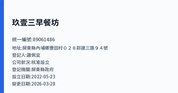 玖壹三早餐坊的照片-統編 89061486(屏東縣) 公司登記資料與營業項目詳細圖表
