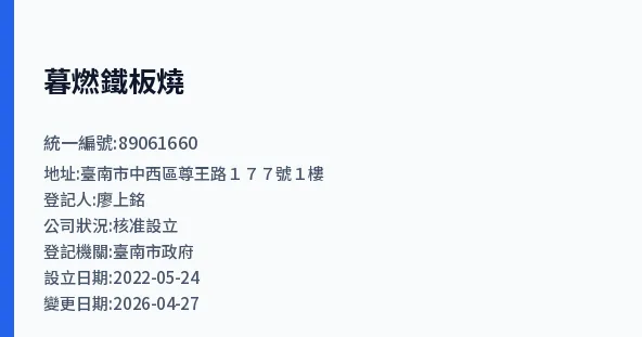 暮燃鐵板燒的照片-統編 89061660(臺南市) 公司登記資料與營業項目詳細圖表