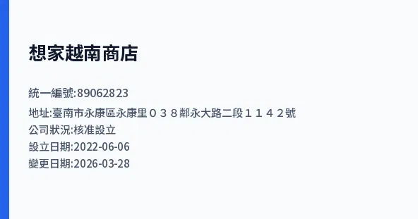 想家越南商店的照片-統編 89062823(臺南市) 公司登記資料與營業項目詳細圖表