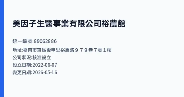 美因子生醫事業有限公司裕農館的照片-統編 89062886(臺南市) 公司登記資料與營業項目詳細圖表