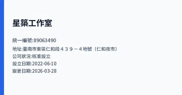 星築工作室的照片-統編 89063490(臺南市) 公司登記資料與營業項目詳細圖表