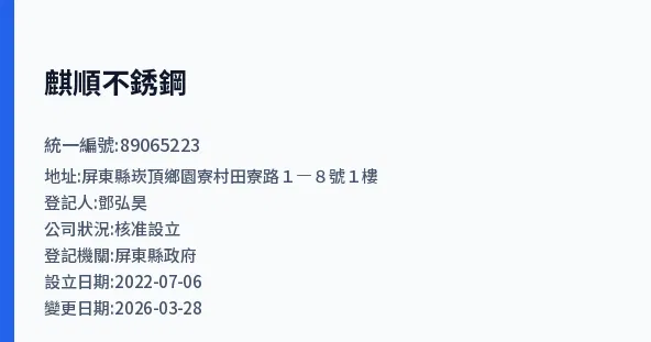 麒順不銹鋼的照片-統編 89065223(屏東縣) 公司登記資料與營業項目詳細圖表