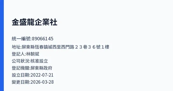 金盛龍企業社的照片-統編 89066145(屏東縣) 公司登記資料與營業項目詳細圖表