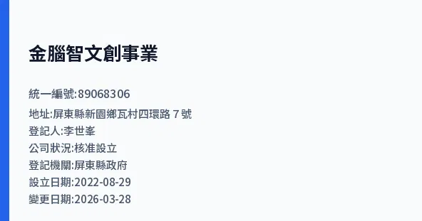 金腦智文創事業的照片-統編 89068306(屏東縣) 公司登記資料與營業項目詳細圖表