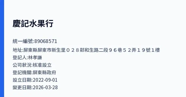 慶記水果行的照片-統編 89068571(屏東縣) 公司登記資料與營業項目詳細圖表