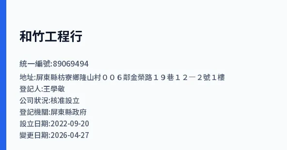 和竹工程行的照片-統編 89069494(屏東縣) 公司登記資料與營業項目詳細圖表