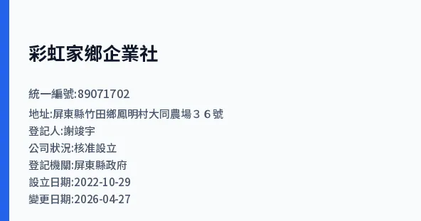 彩虹家鄉企業社的照片-統編 89071702(屏東縣) 公司登記資料與營業項目詳細圖表
