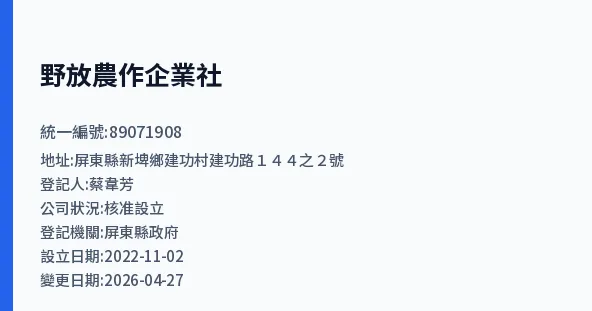 野放農作企業社的照片-統編 89071908(屏東縣) 公司登記資料與營業項目詳細圖表