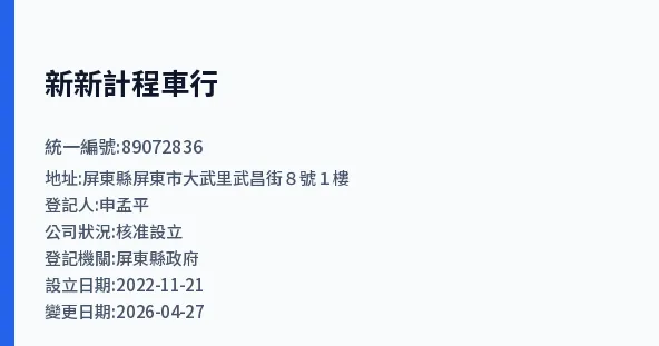 新新計程車行的照片-統編 89072836(屏東縣) 公司登記資料與營業項目詳細圖表