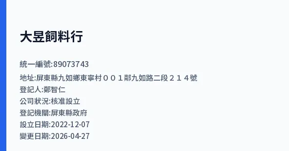 大昱飼料行的照片-統編 89073743(屏東縣) 公司登記資料與營業項目詳細圖表