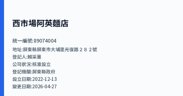 西市場阿英麵店的照片-統編 89074004(屏東縣) 公司登記資料與營業項目詳細圖表