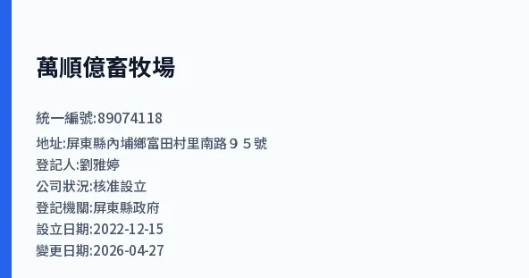 萬順億畜牧場的照片-統編 89074118(屏東縣) 公司登記資料與營業項目詳細圖表
