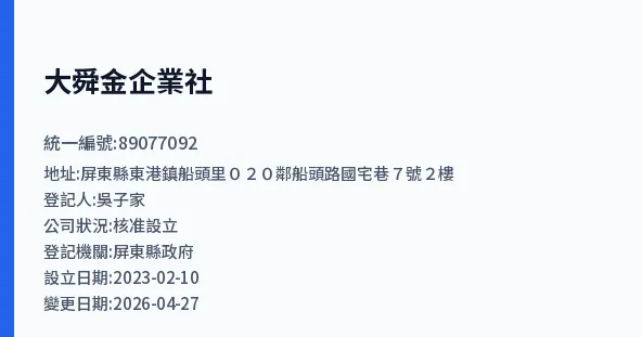 大舜金企業社的照片-統編 89077092(屏東縣) 公司登記資料與營業項目詳細圖表