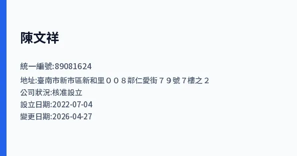 陳文祥的照片-統編 89081624(臺南市) 公司登記資料與營業項目詳細圖表