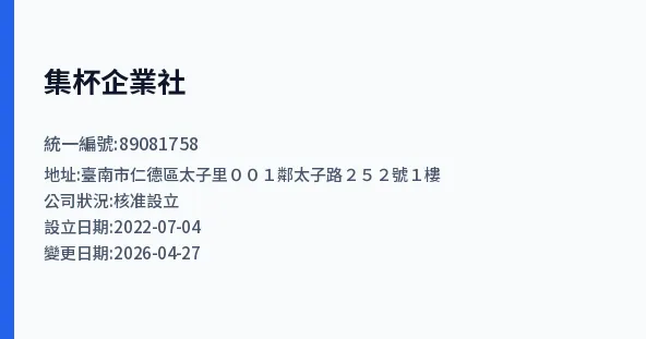集杯企業社的照片-統編 89081758(臺南市) 公司登記資料與營業項目詳細圖表