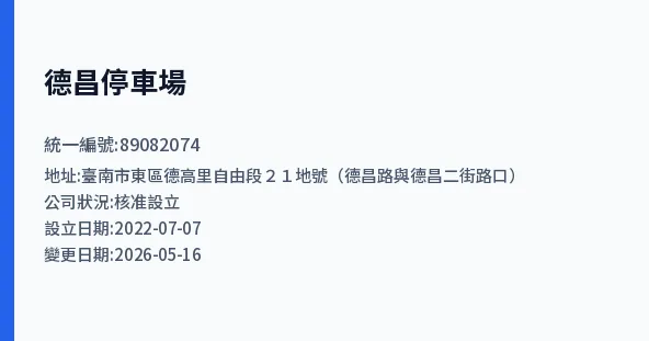 德昌停車場的照片-統編 89082074(臺南市) 公司登記資料與營業項目詳細圖表