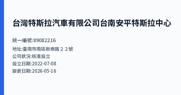 台灣特斯拉汽車有限公司台南安平特斯拉中心的照片-統編 89082216(臺南市) 公司登記資料與營業項目詳細圖表