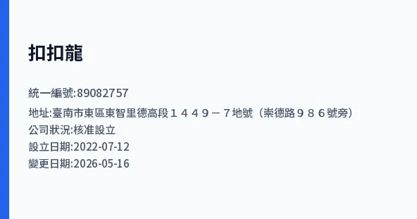 扣扣龍的照片-統編 89082757(臺南市) 公司登記資料與營業項目詳細圖表