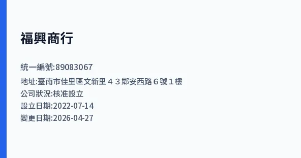 福興商行的照片-統編 89083067(臺南市) 公司登記資料與營業項目詳細圖表
