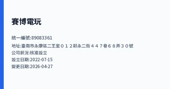 賽博電玩的照片-統編 89083361(臺南市) 公司登記資料與營業項目詳細圖表