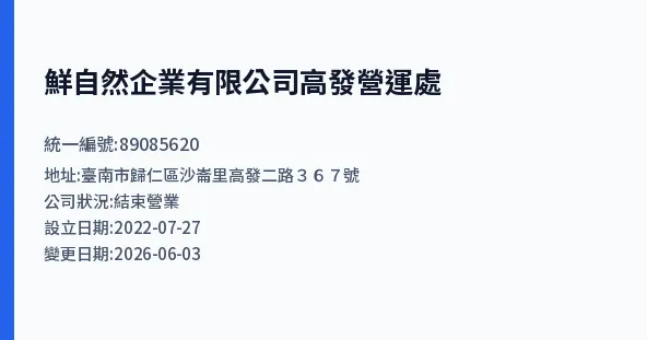 鮮自然企業有限公司高發營運處的照片-統編 89085620(臺南市) 公司登記資料與營業項目詳細圖表