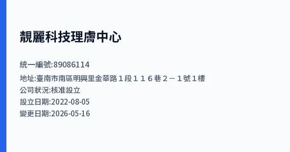 靚麗科技理膚中心的照片-統編 89086114(臺南市) 公司登記資料與營業項目詳細圖表