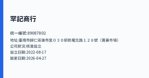 罕記商行的照片-統編 89087802(臺南市) 公司登記資料與營業項目詳細圖表