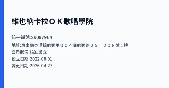 維也納卡拉OK歌唱學院的照片-統編 89087964(屏東縣) 公司登記資料與營業項目詳細圖表