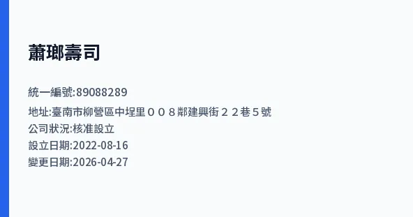 蕭瑯壽司的照片-統編 89088289(臺南市) 公司登記資料與營業項目詳細圖表
